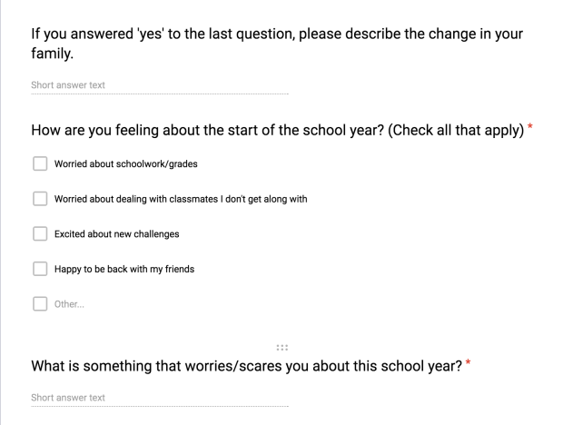 Beginning of the Year Check-Ins & Middle School Google Survey